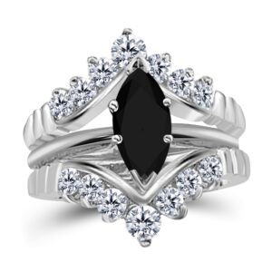 gems and jewels 0.75 ct marquise solitaire engagement wedding ring band set enhancer black sapphire 14k white gold plated alloy