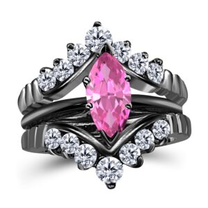 gems and jewels 0.75 ct marquise solitaire engagement wedding ring band set enhancer pink sapphire 14k black gold plated alloy