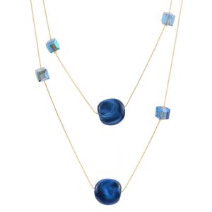 COOLSTEELANDBEYOND Elegant Gold Statement Necklace Two-Strand Long Chain with Blue Cube Crystal Beads and Circle Charms