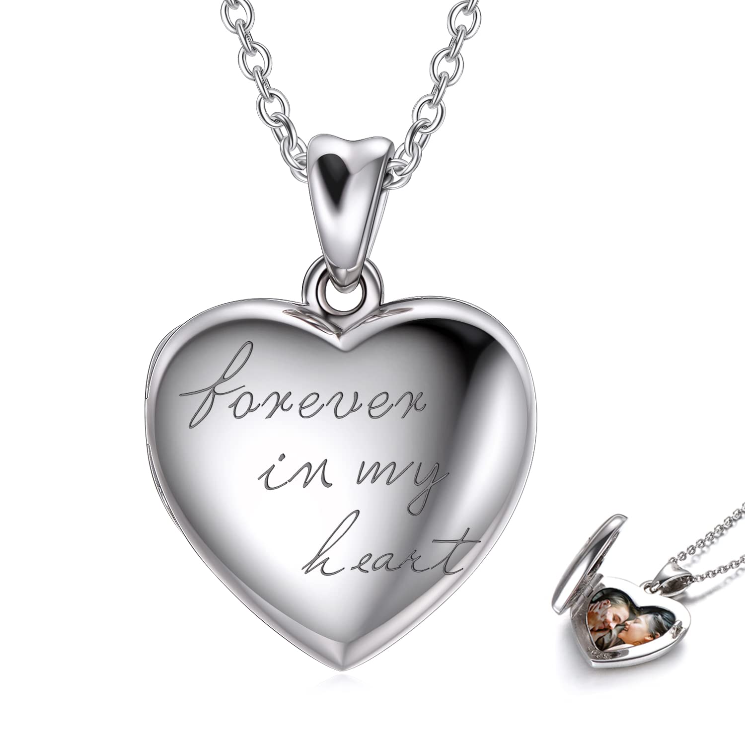 LONAGO Heart Locket Necklace Forever in My Heart Shape Photo Locket Necklace Silver Locket Gift for Women (Locket Necklace)