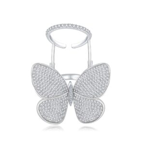 temico moving and flying butterfly cz paved platinum plated fashion party cocktail ring wide band for women