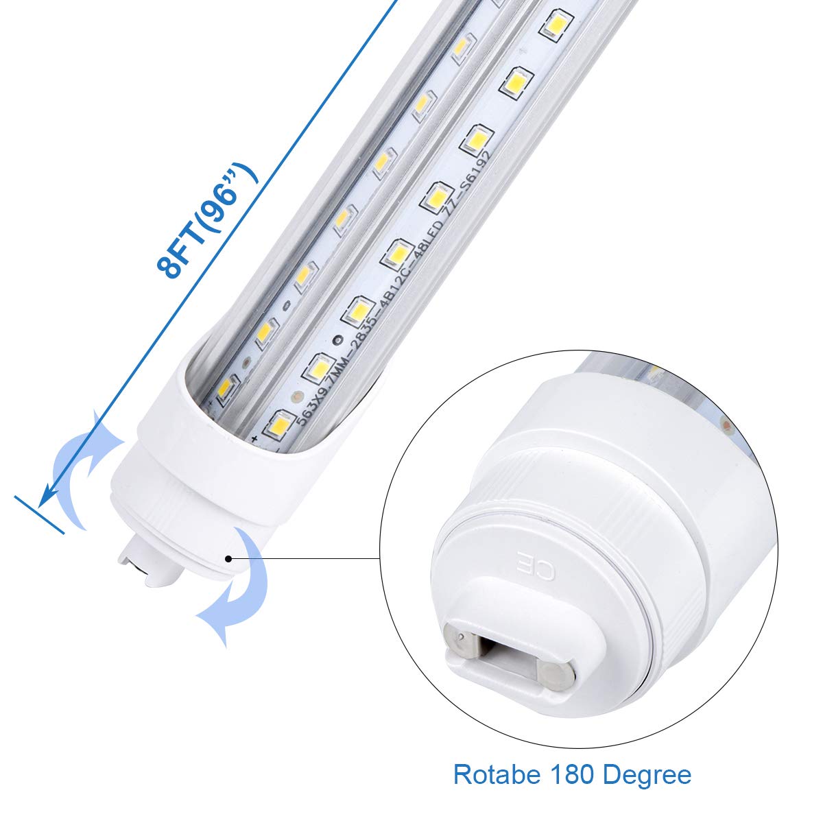 Singteam 10Pack R17D/HO 8FT LED Tubes,90W,F96t12 HO 8 Foot Led Bulbs,10000LM, Cool White 6500K Clear Lens,Rotate V Shaped,T8/T12 Replacement,Dual-Ended Power