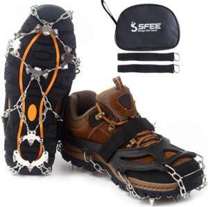 sfee ice snow grips crampons traction cleats,19 stainless steel spikes for women men kids, anti slip flexible shoe/boot footwear for walking climbing hiking fishing outdoor(black,l(us:8-11))