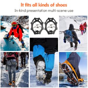 Sfee Ice Snow Grips Crampons Traction Cleats,19 Stainless Steel Spikes for Women Men Kids, Anti Slip Flexible Shoe/Boot Footwear for Walking Climbing Hiking Fishing Outdoor(Black,L(US:8-11))