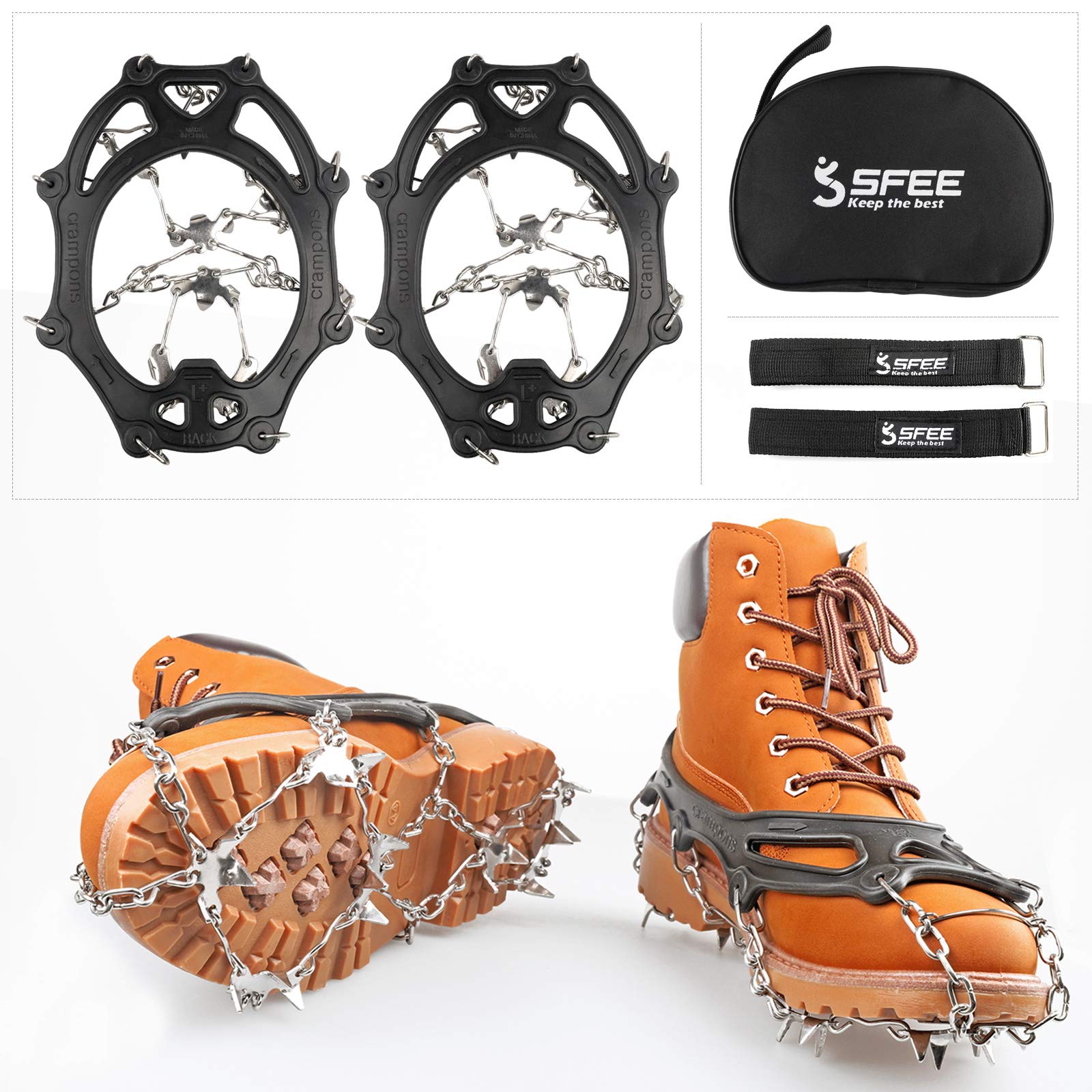 Sfee Ice Snow Grips Crampons Traction Cleats,19 Stainless Steel Spikes for Women Men Kids, Anti Slip Flexible Shoe/Boot Footwear for Walking Climbing Hiking Fishing Outdoor(Black,L(US:8-11))