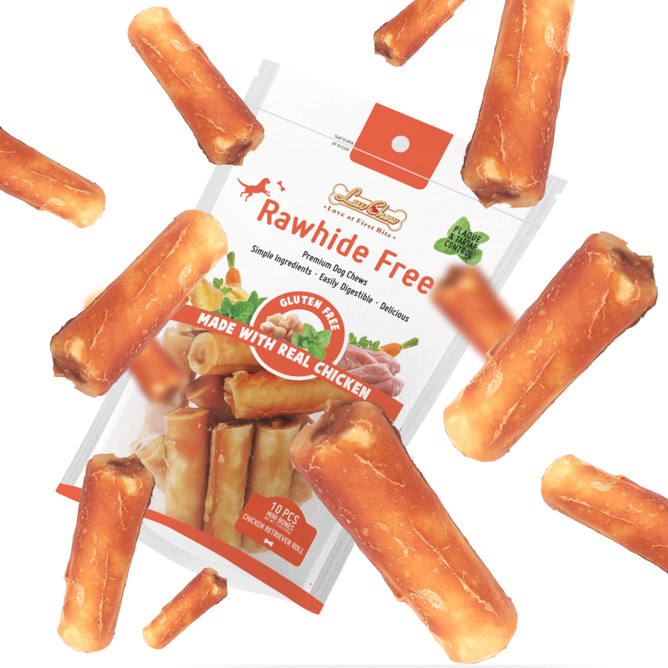 LuvChew Gluten Free Rawhide Free Dog Chew Chicken Rolls Mini 2.5" for Small Dogs 10 pcs/Pack