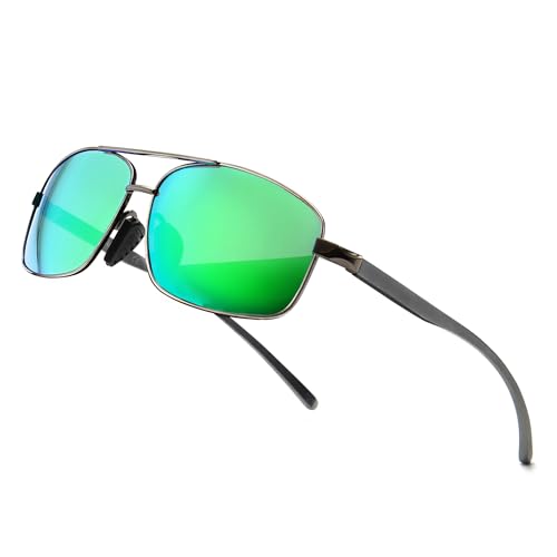 SUNGAIT Ultra Lightweight Rectangular Polarized Sunglasses UV400 Protection (Gunmetal Frame Green Mirror Lens, 62) Metal Frame 2458 QKLV