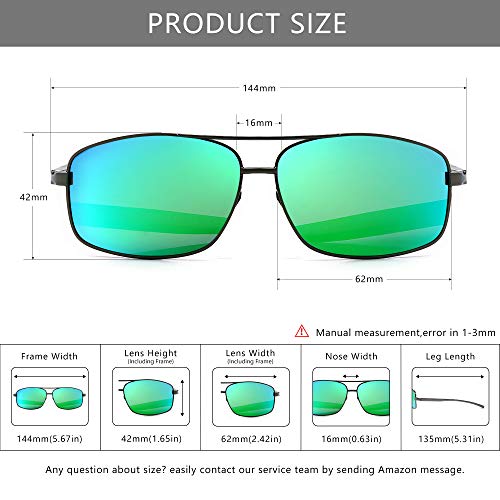 SUNGAIT Ultra Lightweight Rectangular Polarized Sunglasses UV400 Protection (Gunmetal Frame Green Mirror Lens, 62) Metal Frame 2458 QKLV