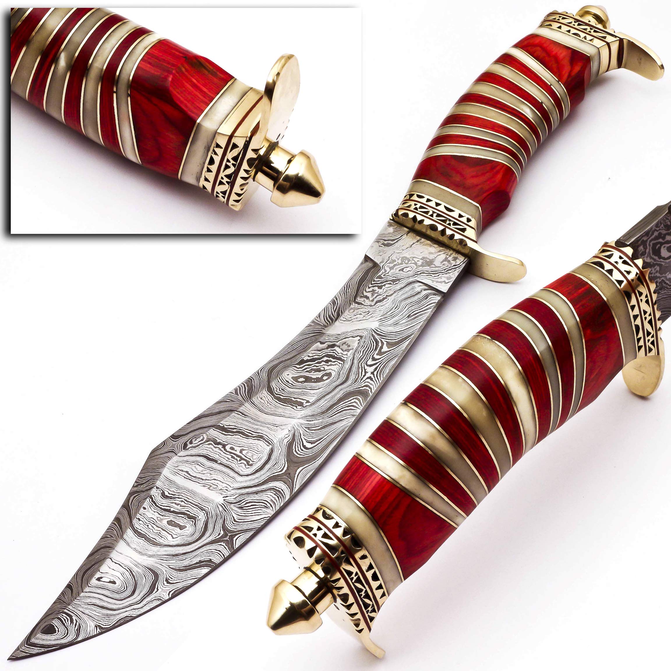 Skokie Knives Custom Hand Made Damascus Steel Hunting Bowie Knife Handle Camel Bone (Red)