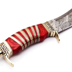 Skokie Knives Custom Hand Made Damascus Steel Hunting Bowie Knife Handle Camel Bone (Red)