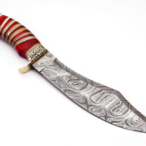 Skokie Knives Custom Hand Made Damascus Steel Hunting Bowie Knife Handle Camel Bone (Red)