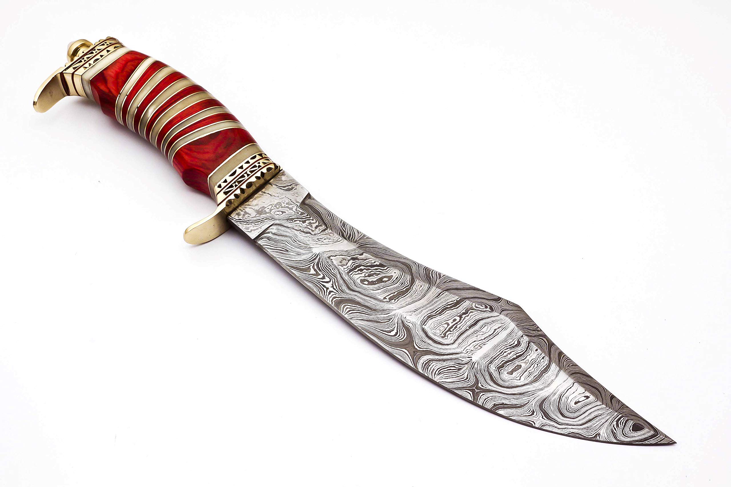 Skokie Knives Custom Hand Made Damascus Steel Hunting Bowie Knife Handle Camel Bone (Red)