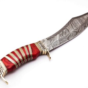 Skokie Knives Custom Hand Made Damascus Steel Hunting Bowie Knife Handle Camel Bone (Red)