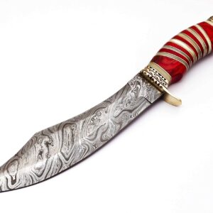 Skokie Knives Custom Hand Made Damascus Steel Hunting Bowie Knife Handle Camel Bone (Red)