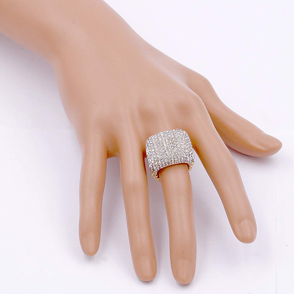 Lavencious Half Cube Shape with Crystals Stretch Rings Statement Rings Free Size for Women (Gold + Clear Crystals)