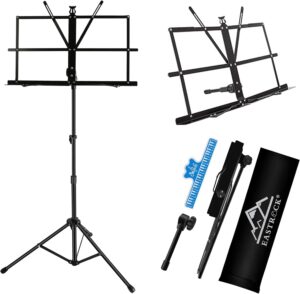 eastrock folding music sheet stand 2 in 1 dual-use portable foldable music stand desktop book stand with carrying bag, lightweight metal music stand holder suitable for instrumental performance