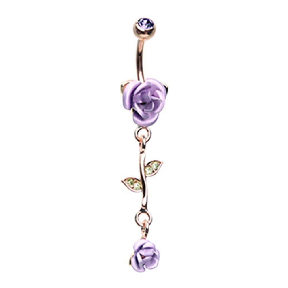 Pierced Owl CZ Crystal Leaves and Vine Rose Flower Dangle Belly Button Navel Ring (Purple)