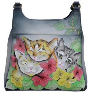 anna by anuschka women's hand-painted leather triple compartment satchel, three kittens