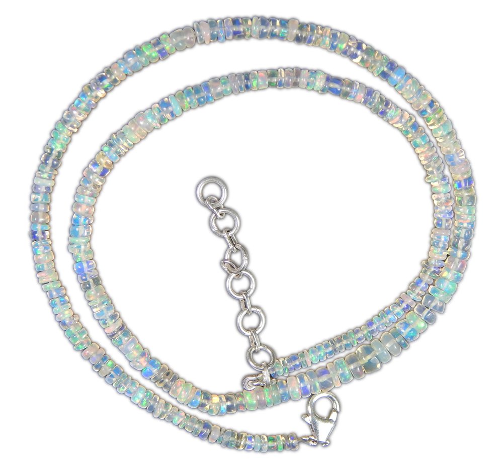 Myhealingworld Natural White Base Ethiopian Opal Gemstone Beads 16 Inch Beaded Necklace with Additional 2 inch 92.5 Sterling Silver Extension. Bead Size Varies from 2mm to 5mm.