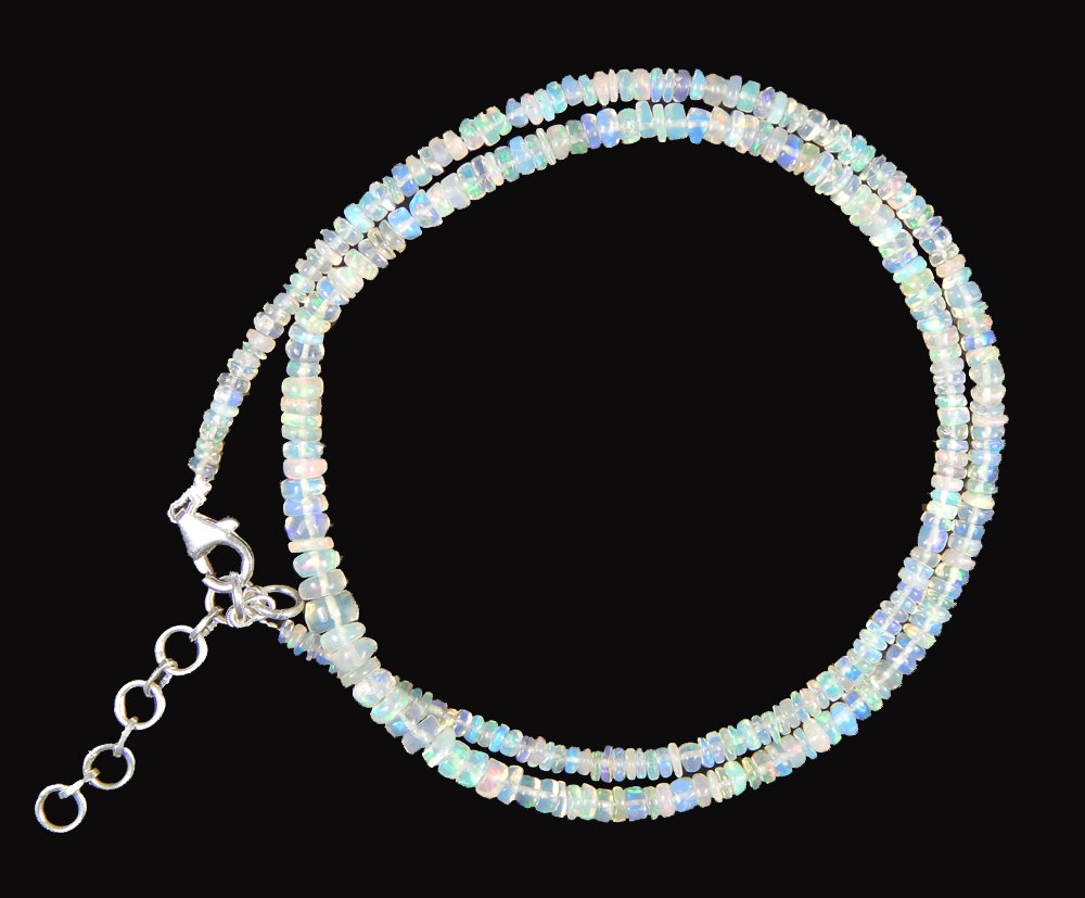 Myhealingworld Natural White Base Ethiopian Opal Gemstone Beads 16 Inch Beaded Necklace with Additional 2 inch 92.5 Sterling Silver Extension. Bead Size Varies from 2mm to 5mm.