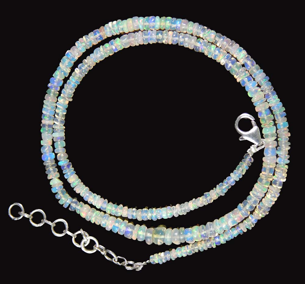 Myhealingworld Natural White Base Ethiopian Opal Gemstone Beads 16 Inch Beaded Necklace with Additional 2 inch 92.5 Sterling Silver Extension. Bead Size Varies from 2mm to 5mm.