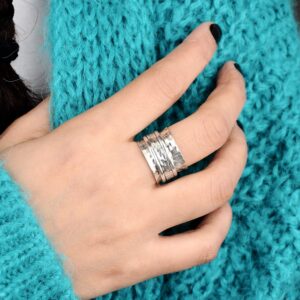 Boho-Magic 925 Sterling Silver Spinner Ring for Women Hammered Wide Fidget Ring Band (8)