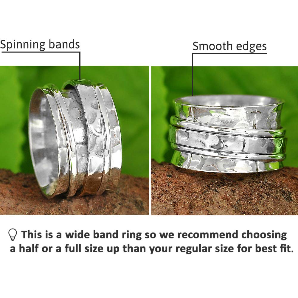 Boho-Magic 925 Sterling Silver Spinner Ring for Women Hammered Wide Fidget Ring Band (8)