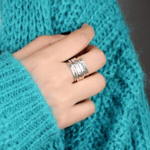 Boho-Magic 925 Sterling Silver Spinner Ring for Women Hammered Wide Fidget Ring Band (8)