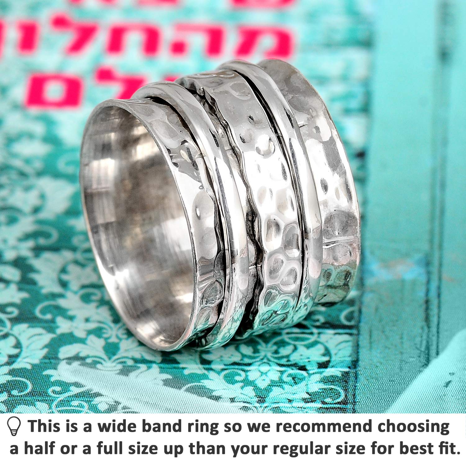 Boho-Magic 925 Sterling Silver Spinner Ring for Women Hammered Wide Fidget Ring Band (8)