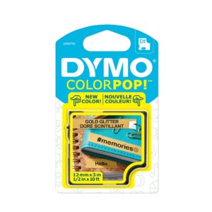 dymo colorpop authentic label maker tape, 1/2" w x 10' l, black print on gold glitter, d1 standard