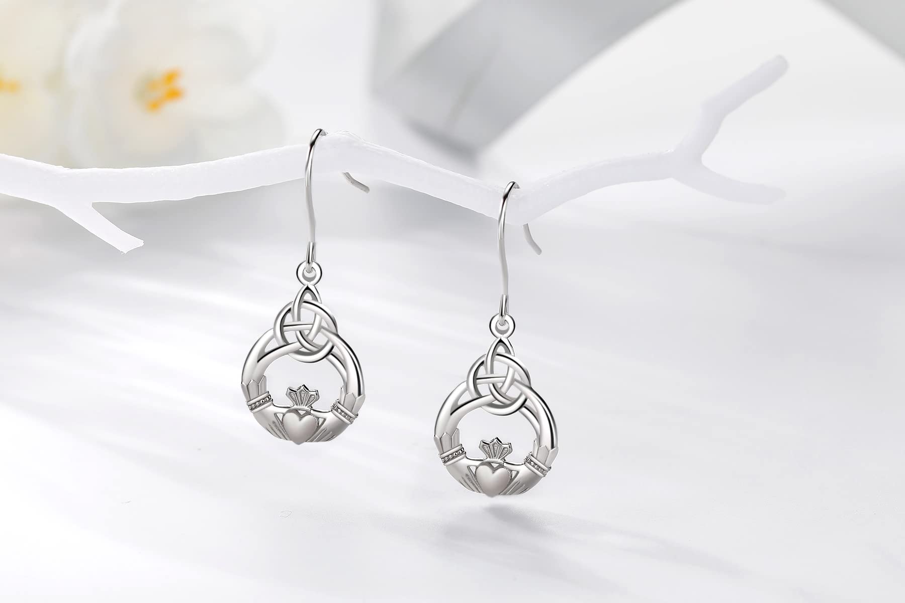 INFUSEU Claddagh Celtic Dangle Earrings for Women Sterling Silver Irish Trinity Knot Drop Earrings Charm Jewelry