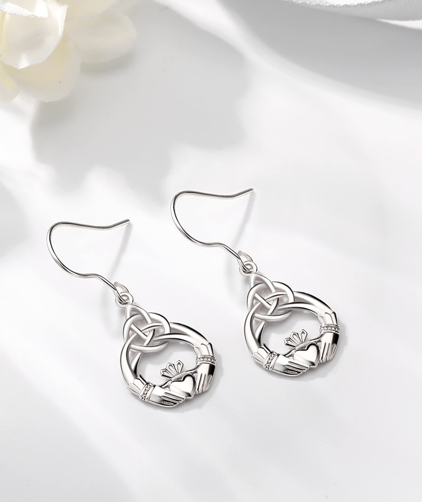 INFUSEU Claddagh Celtic Dangle Earrings for Women Sterling Silver Irish Trinity Knot Drop Earrings Charm Jewelry