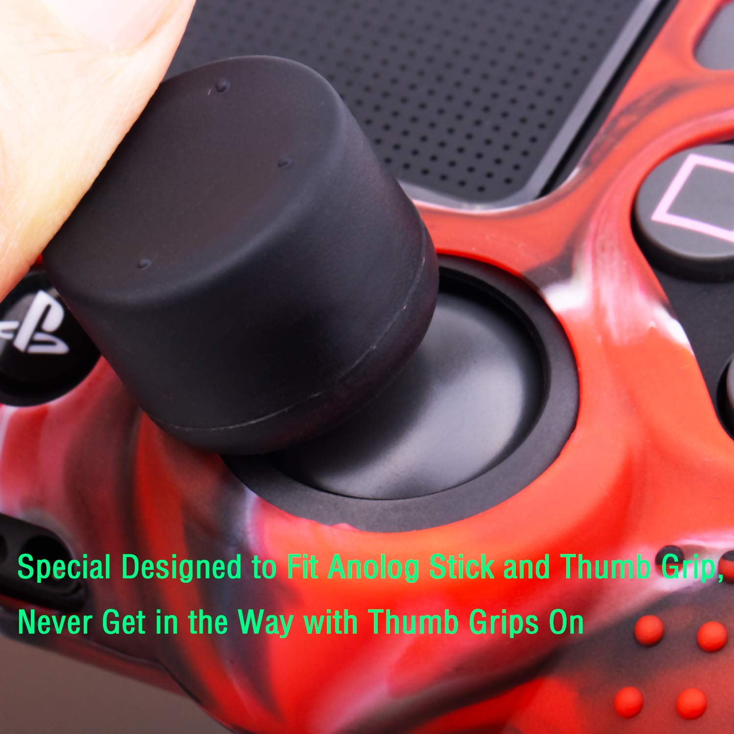 9CDeer 1 Piece of Silicone Studded Dots Protective Sleeve Case Cover Skin + 8 Thumb Grips Analog Caps + 2 dust Proof Plugs for PS4/Slim/Pro Controller, Camouflage Red