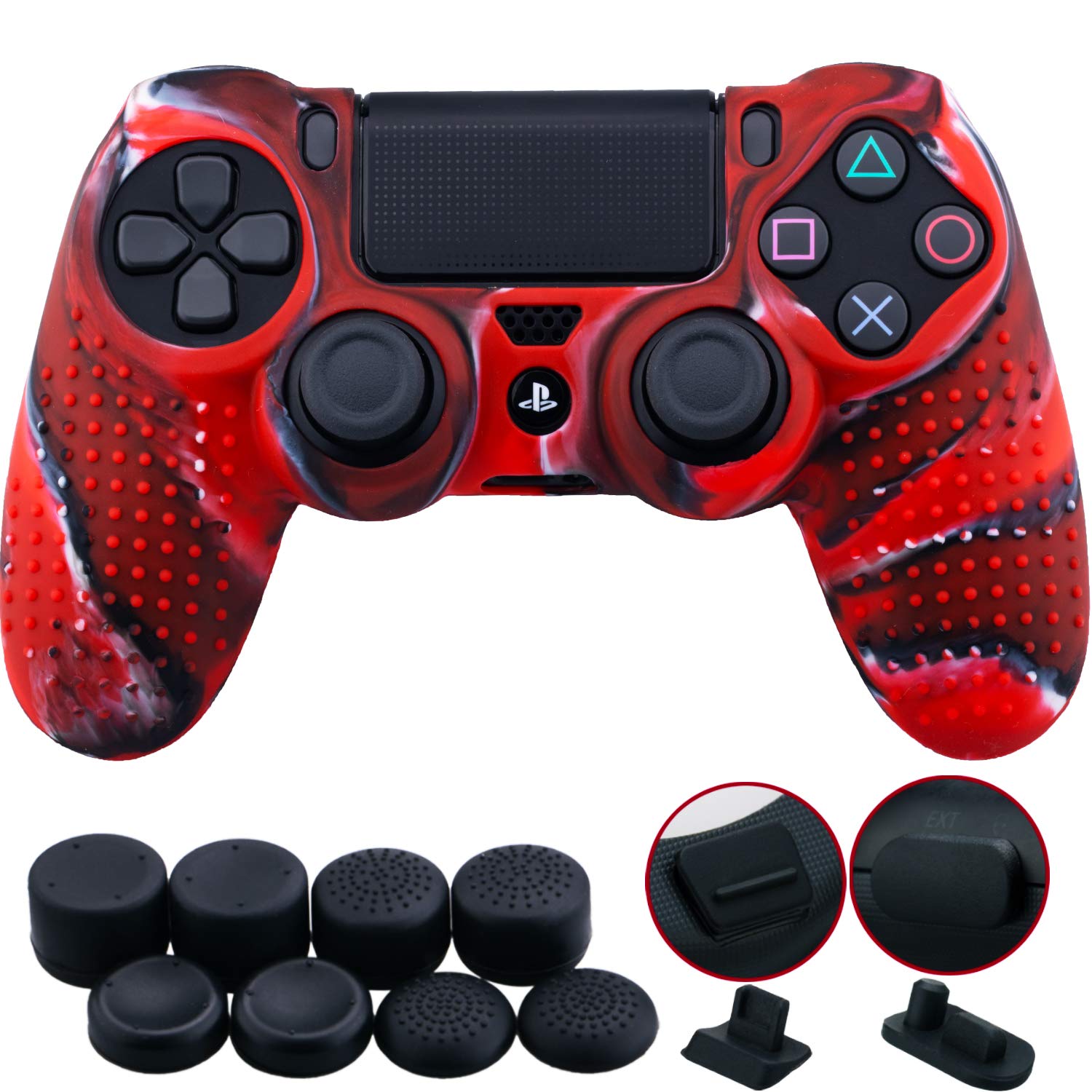 9CDeer 1 Piece of Silicone Studded Dots Protective Sleeve Case Cover Skin + 8 Thumb Grips Analog Caps + 2 dust Proof Plugs for PS4/Slim/Pro Controller, Camouflage Red