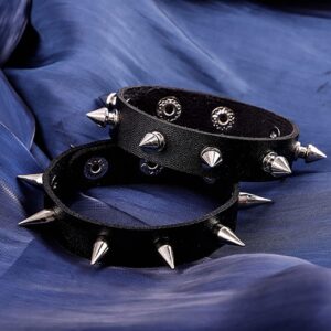 Mafnee Manfnee 2Pack Punk Goth Bracelet for Man Women Leather Spike Rivet Metal Studded Wristband Black