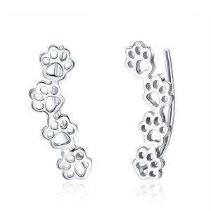 paw ear cuff wrap crawler climber earrings for women teen girls sterling silver studs clip on cute dog cat pin hypoallergenic piercing jewelry (silver)