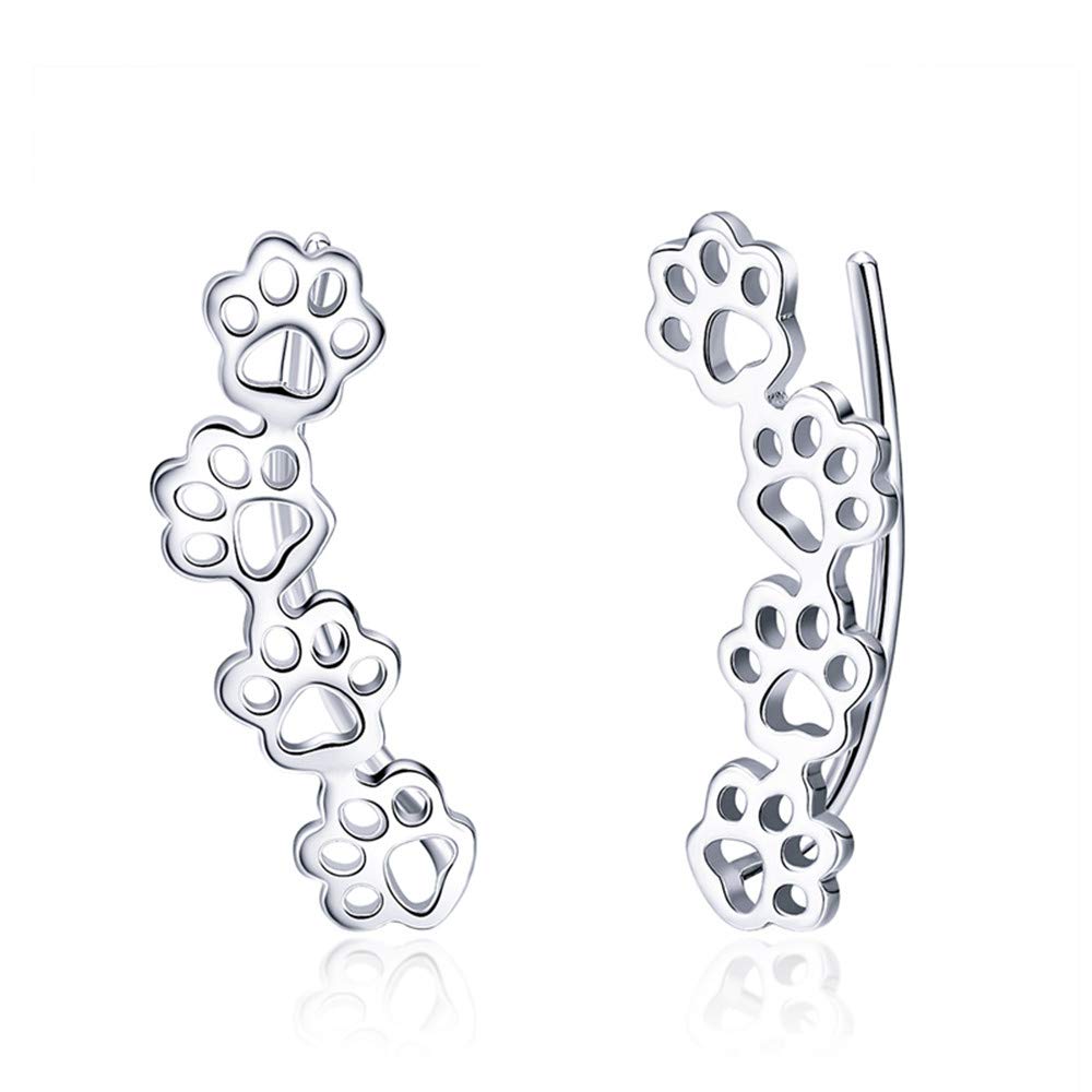 Paw Ear Cuff Wrap Crawler Climber Earrings for Women Teen Girls Sterling Silver Studs Clip On Cute Dog Cat Pin Hypoallergenic Piercing Jewelry (Silver)