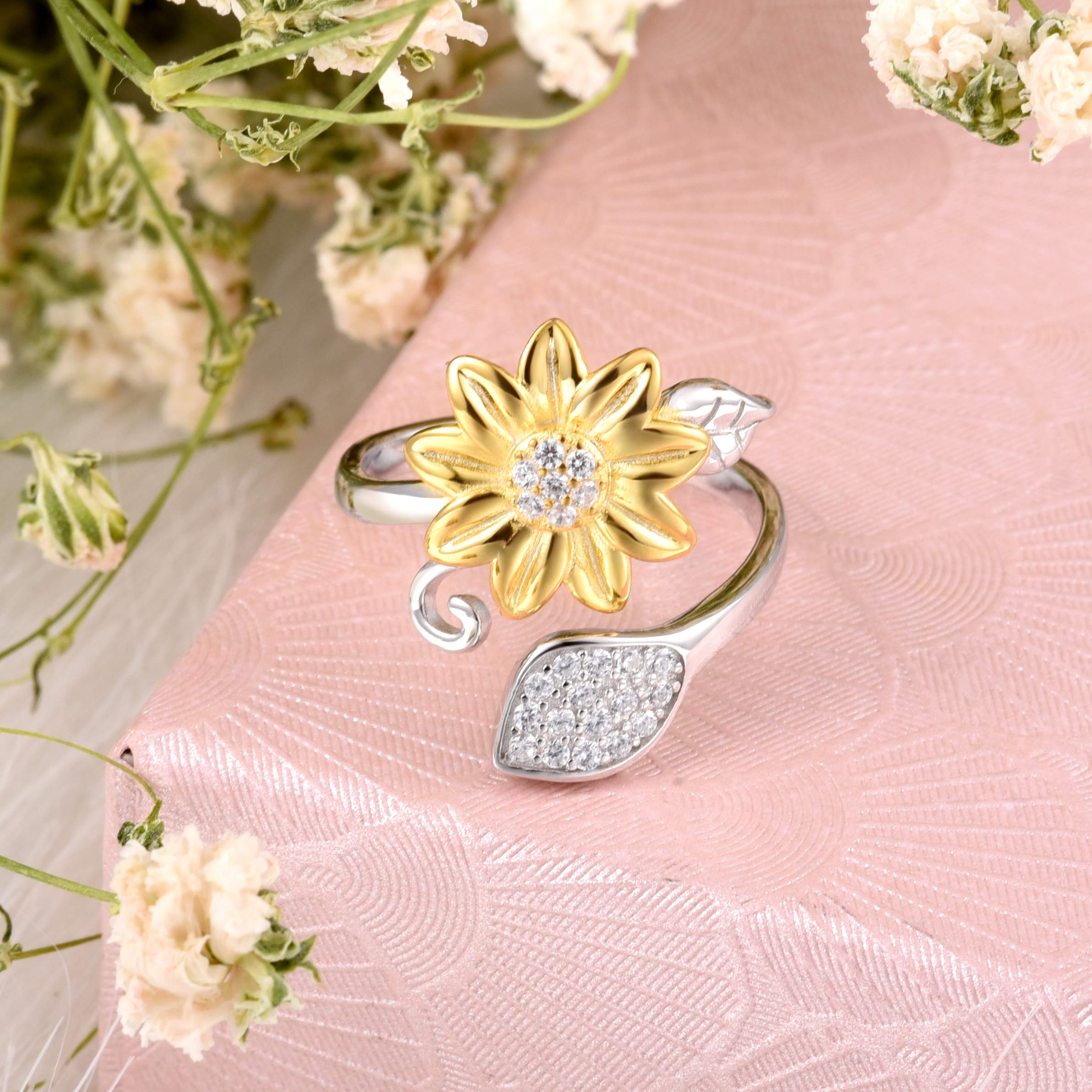 BEILIN Sunflower Ring for Women You are My Sunshine 925 Sterling Silver Adjustable Promise Rings for Daughter Wife Mom