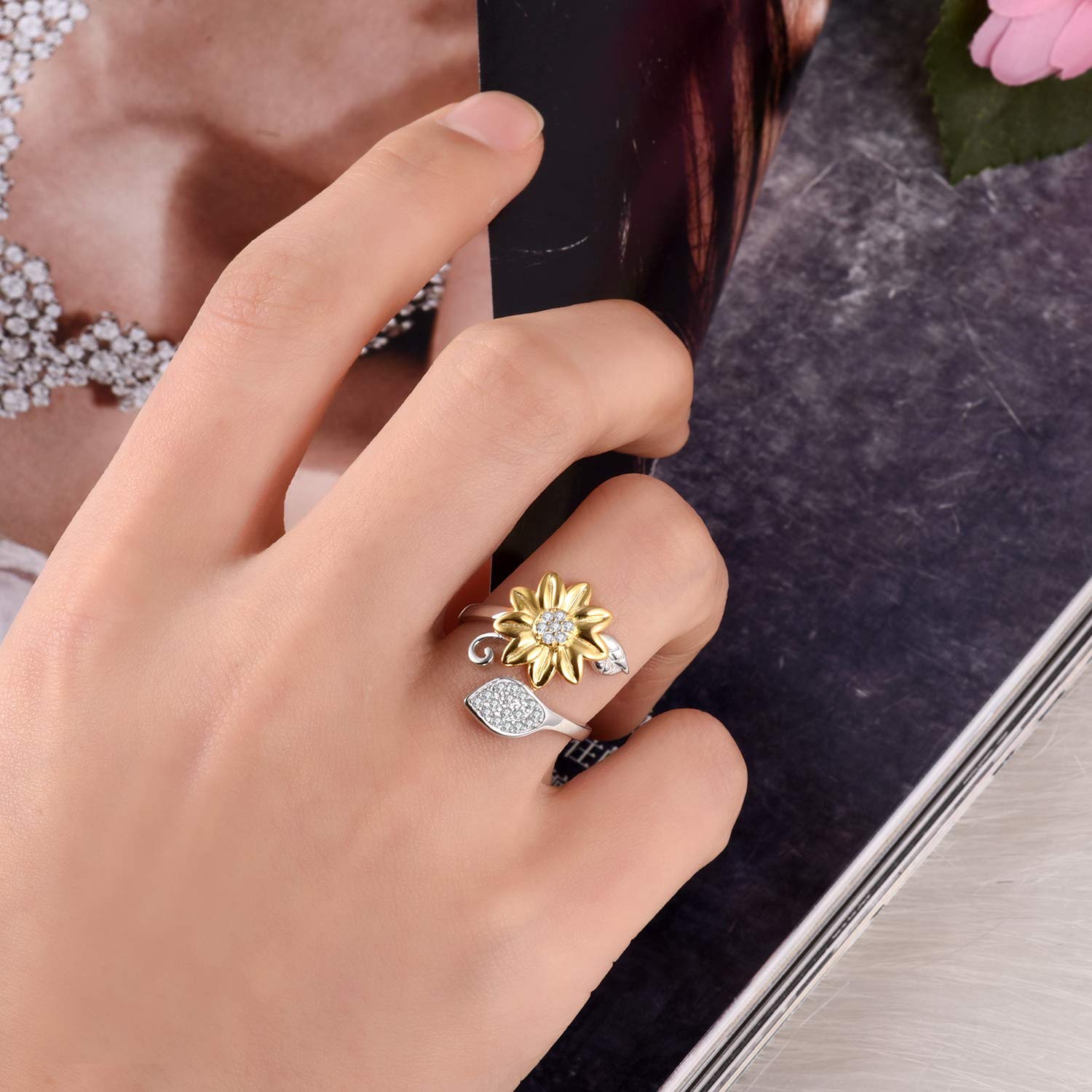 BEILIN Sunflower Ring for Women You are My Sunshine 925 Sterling Silver Adjustable Promise Rings for Daughter Wife Mom