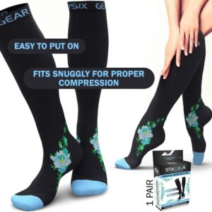 Physix Gear Compression Socks 20-30 mmHg - Men & Women - Running, Nurses, Shin Splints, Flight, Travel (BLACK / BLUE FLOWER-S/M)