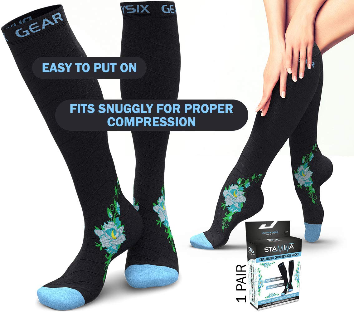 Physix Gear Compression Socks 20-30 mmHg - Men & Women - Running, Nurses, Shin Splints, Flight, Travel (BLACK / BLUE FLOWER-S/M)