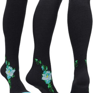 Physix Gear Compression Socks 20-30 mmHg - Men & Women - Running, Nurses, Shin Splints, Flight, Travel (BLACK / BLUE FLOWER-S/M)