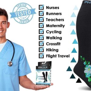 Physix Gear Compression Socks 20-30 mmHg - Men & Women - Running, Nurses, Shin Splints, Flight, Travel (BLACK / BLUE FLOWER-S/M)