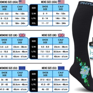 Physix Gear Compression Socks 20-30 mmHg - Men & Women - Running, Nurses, Shin Splints, Flight, Travel (BLACK / BLUE FLOWER-S/M)