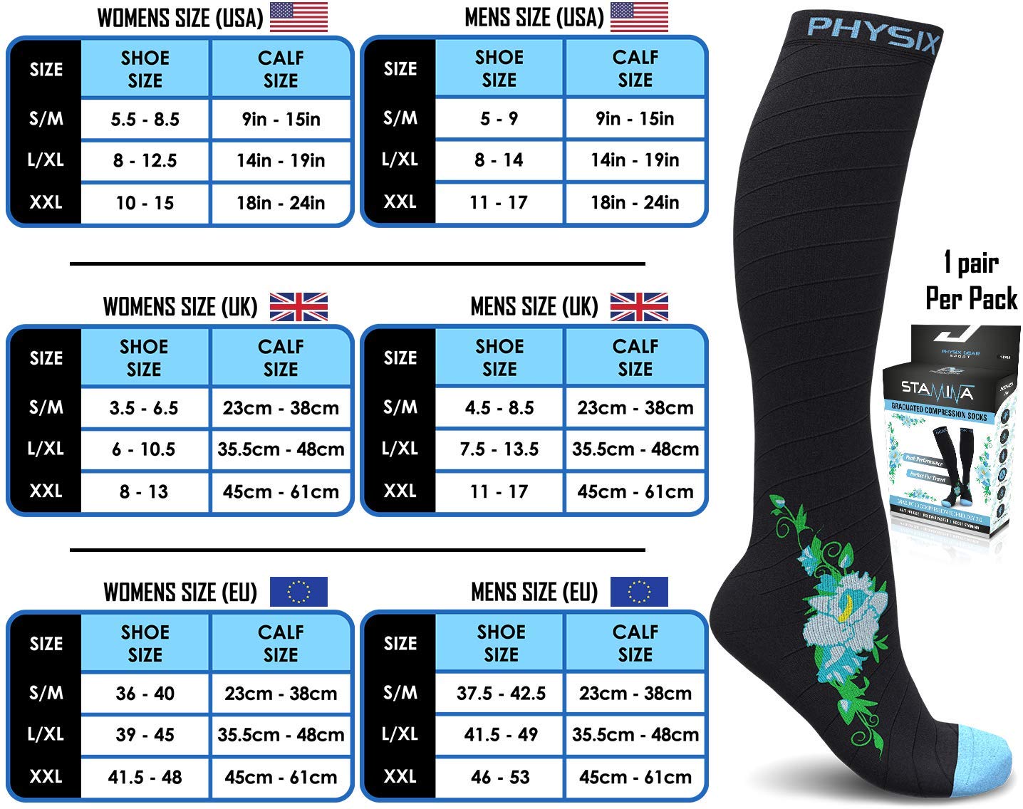 Physix Gear Compression Socks 20-30 mmHg - Men & Women - Running, Nurses, Shin Splints, Flight, Travel (BLACK / BLUE FLOWER-S/M)