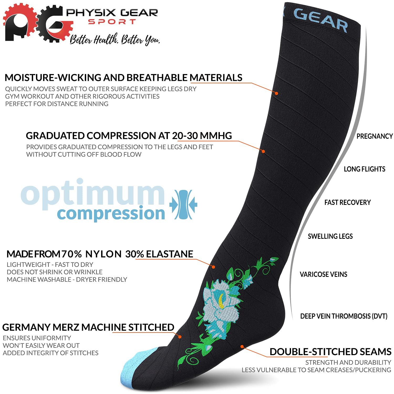 Physix Gear Compression Socks 20-30 mmHg - Men & Women - Running, Nurses, Shin Splints, Flight, Travel (BLACK / BLUE FLOWER-S/M)