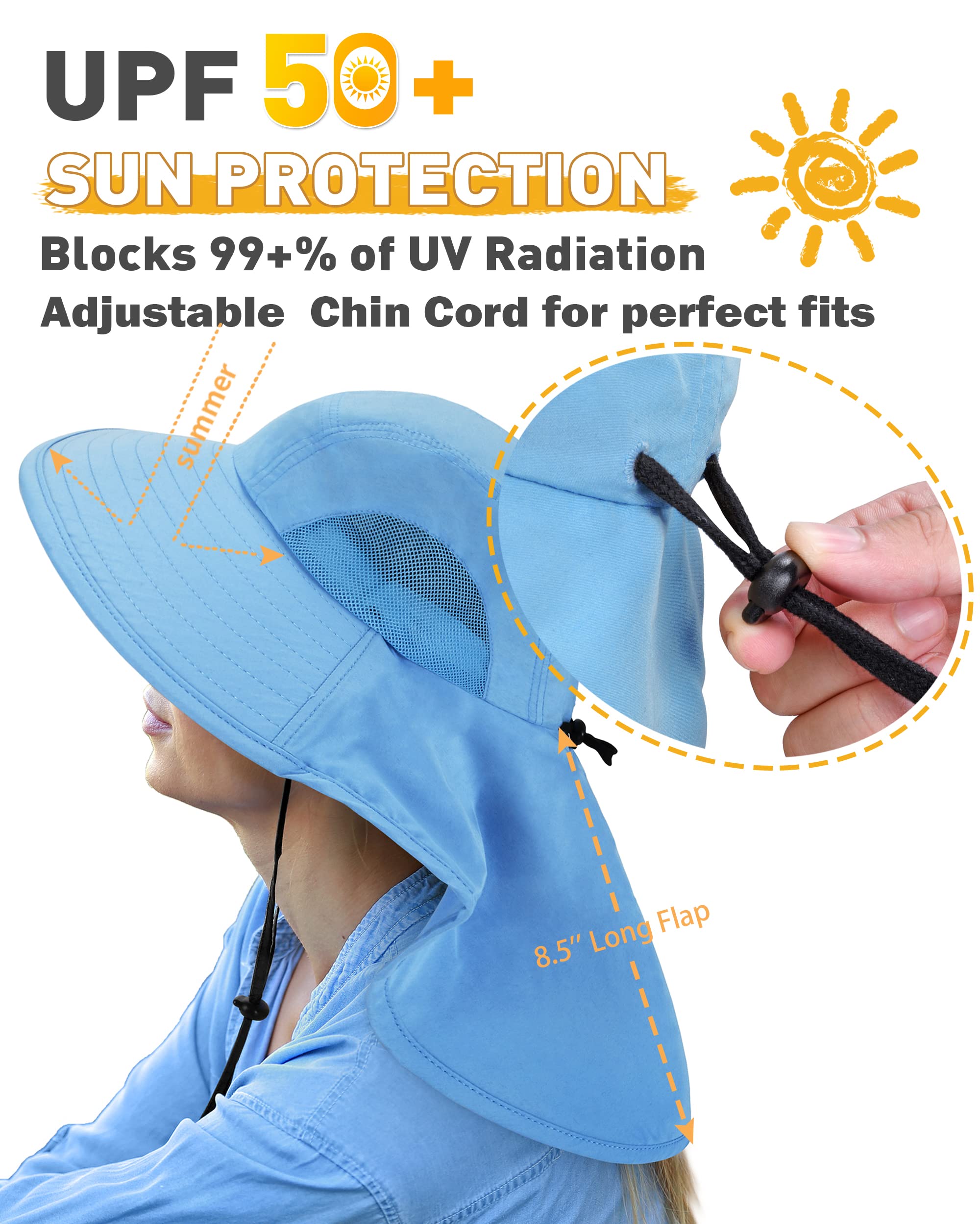 Neck Flap Sun Hat with Wide Brim, UPF 50+ Hiking Safari Fishing hat for Women Men, Sun Protection Hat for Summer Adventures