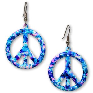 Purple Blue Pink on White Hippie Tie Dye Peace Sign Dangle Earrings (COLORS VARY WIDELY)