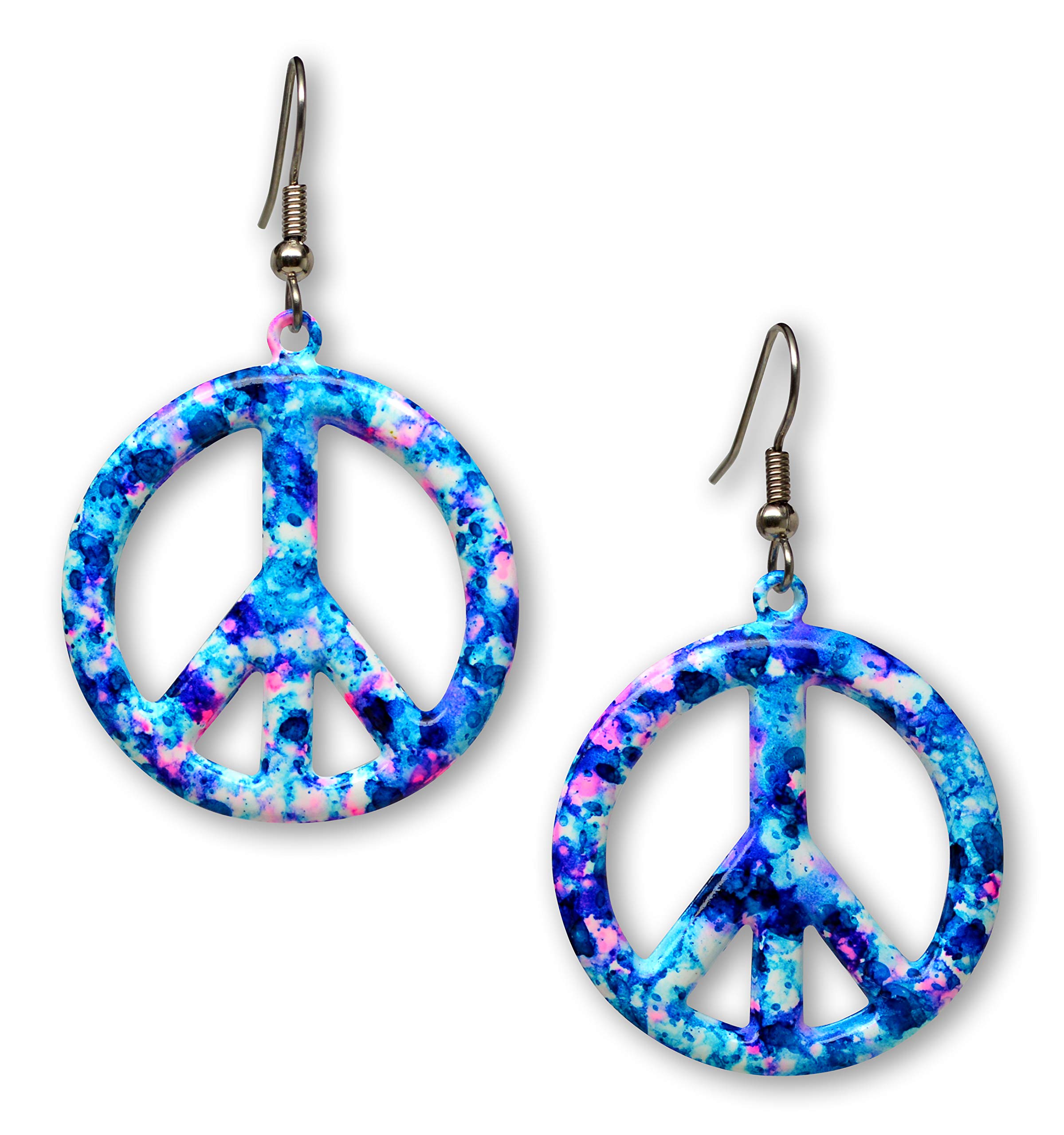 Purple Blue Pink on White Hippie Tie Dye Peace Sign Dangle Earrings (COLORS VARY WIDELY)