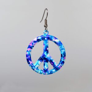 Purple Blue Pink on White Hippie Tie Dye Peace Sign Dangle Earrings (COLORS VARY WIDELY)